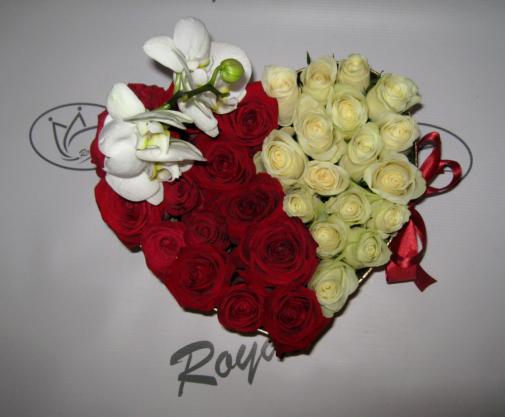 Box of flowers srce sa ružom i orhidejom 431 - Cvećara Royal Beograd